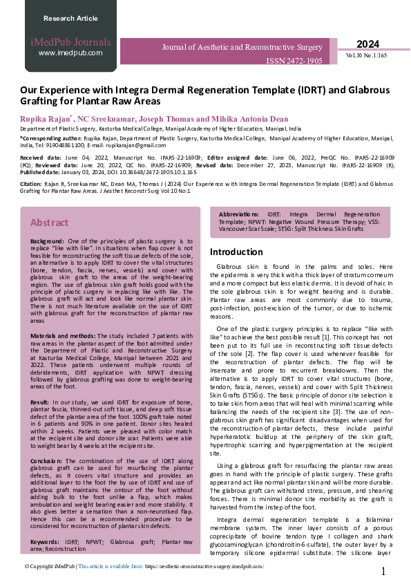 (PDF) Our Experience with Integra Dermal Regeneration Template (IDRT ...