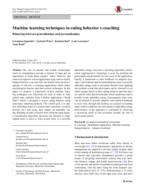 (PDF) Machine learning techniques in eating behavior e-coaching | Anne ...