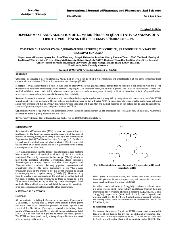 (PDF) DEVELOPMENT AND VALIDATION OF LC-MS METHOD FOR QUANTITATIVE ANALYSIS OF A TRADITIONAL THAI ...