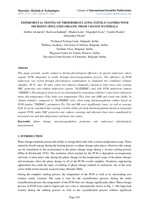 (PDF) Experimental Testing of Thermoregulating Textile Clothes with ...