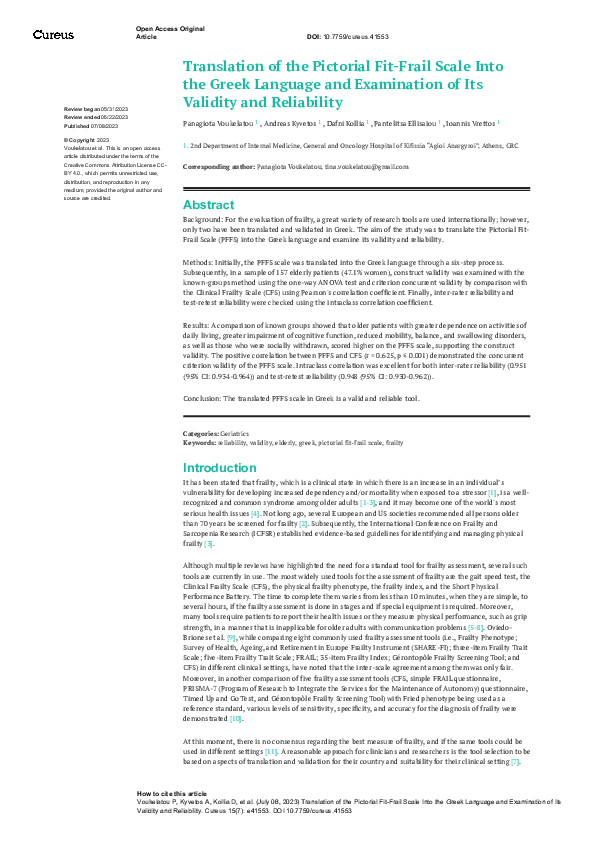 (PDF) Translation of the Pictorial Fit-Frail Scale Into the Greek ...