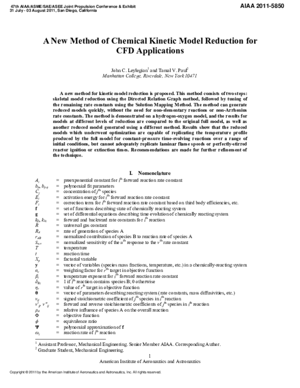 (PDF) A New Method of Chemical Kinetic Model Reduction for CFD Applications