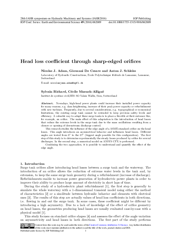 (PDF) Head loss coefficient through sharp-edged orifices