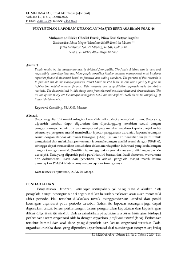 (PDF) Penyusunan Laporan Keuangan Masjid Berdasarkan Psak 45