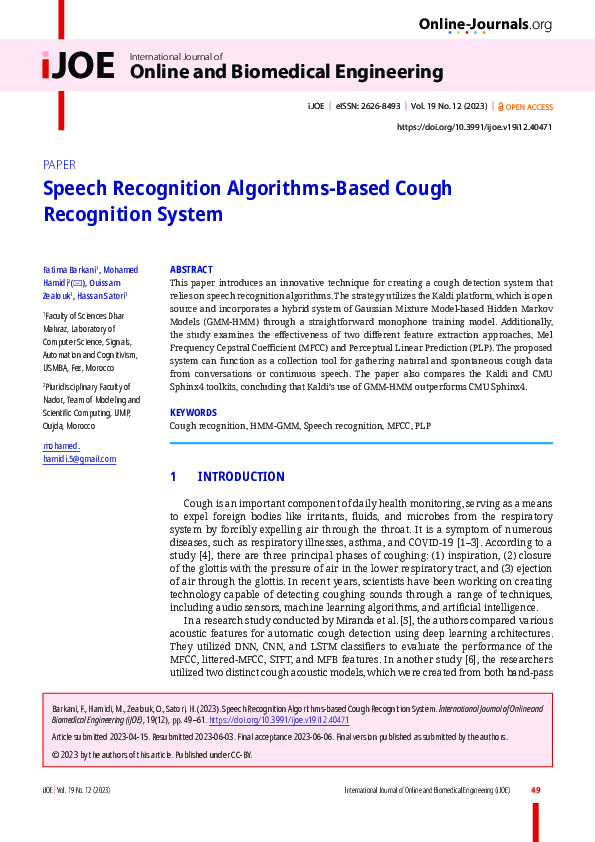 (PDF) Speech Recognition Algorithms based Cough Recognition System