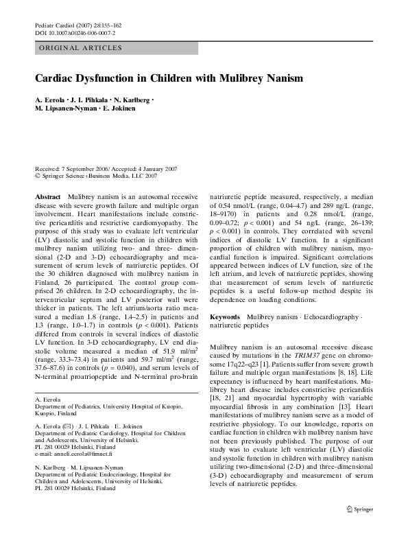 (PDF) Cardiac Dysfunction in Children with Mulibrey Nanism