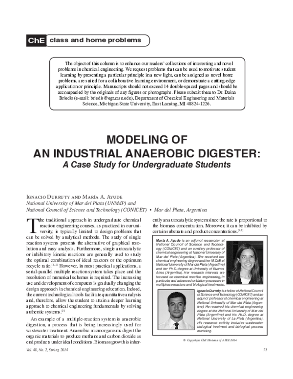 (PDF) Modeling of an industrial Anaerobic Digester: A Case Study For Undergraduate Students
