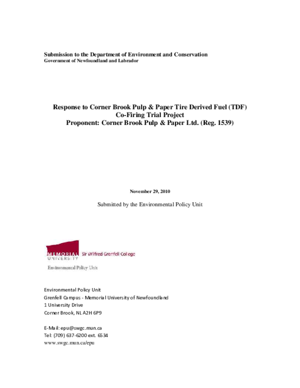 (PDF) Response to Corner Brook Pulp & Paper Tire Derived Fuel (TDF) Co ...