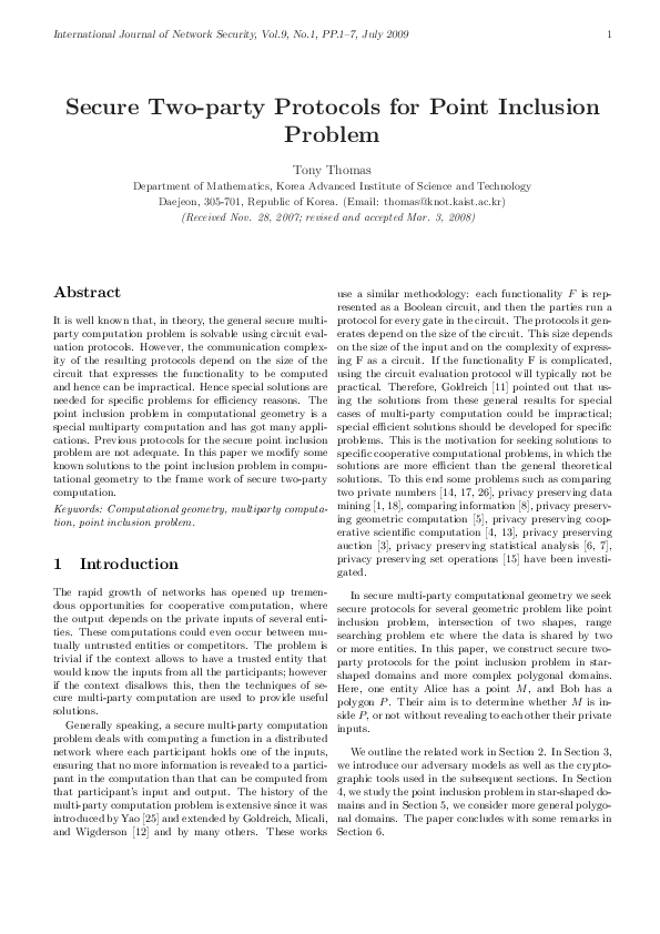 (PDF) Secure Two-party Protocols for Point Inclusion Problem