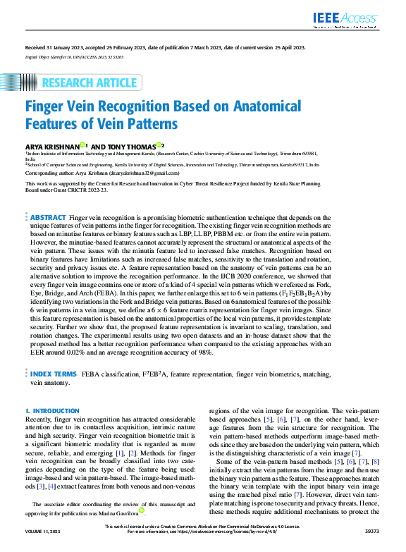 (PDF) Finger Vein Recognition Based on Anatomical Features of Vein Patterns