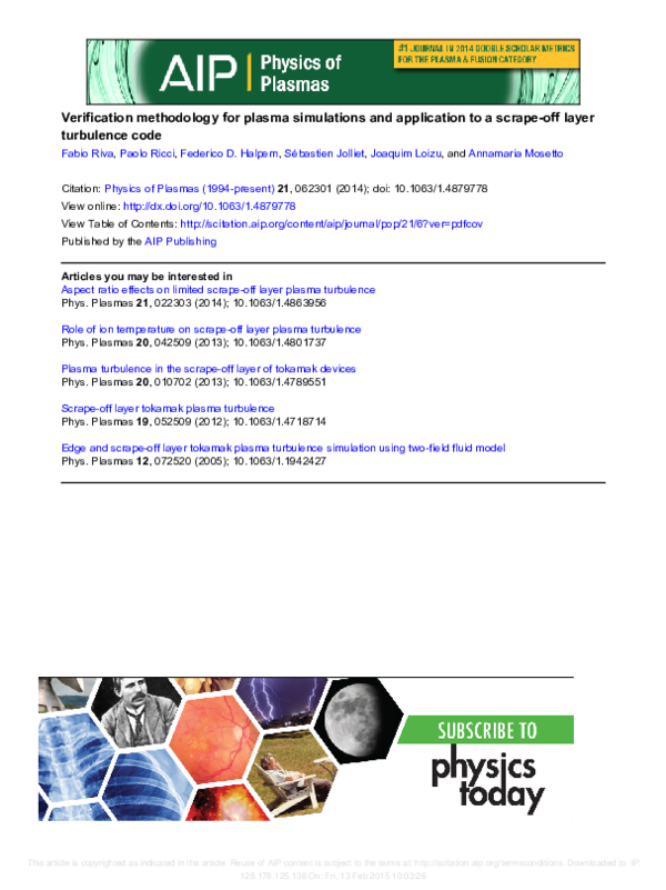 (PDF) Verification methodology for plasma simulations and application to a scrape-off layer ...