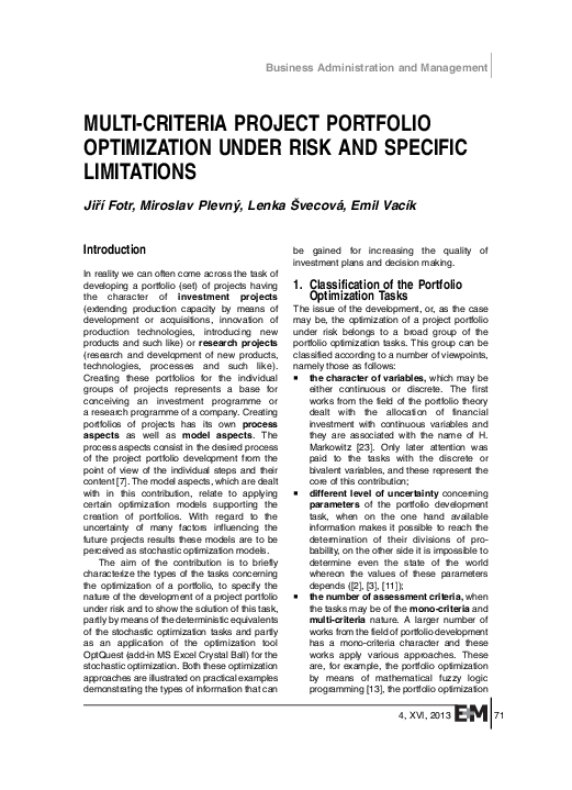 (PDF) Multi-Criteria Project Portfolio Optimization under Risk and ...
