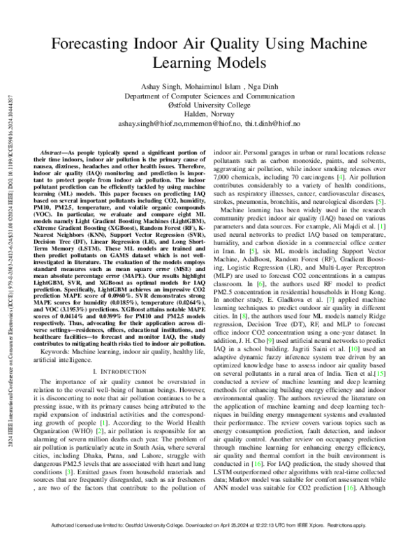 (PDF) Forecasting Indoor Air Quality Using Machine Learning Models