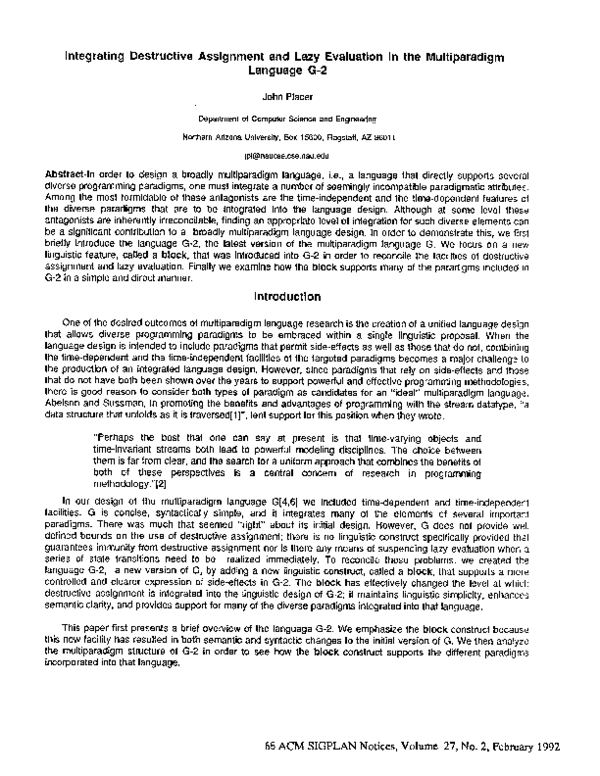 Pdf Integrating Destructive Assignment And Lazy Evaluation In The Multiparadigm Language G 2