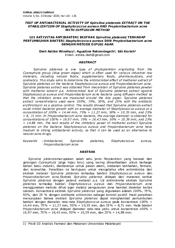 (PDF) UJI AKTIVITAS ANTIBAKTERI EKSTRAK Spirulina platensisTERHADAP ...