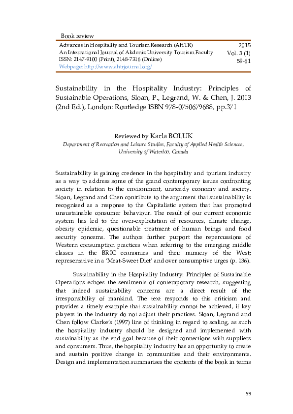 (PDF) Sustainability in the Hospitality Industry: Principles ...