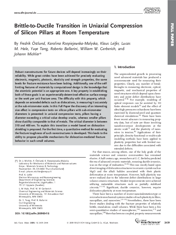 (PDF) Brittle‐to‐Ductile Transition in Uniaxial Compression of Silicon ...