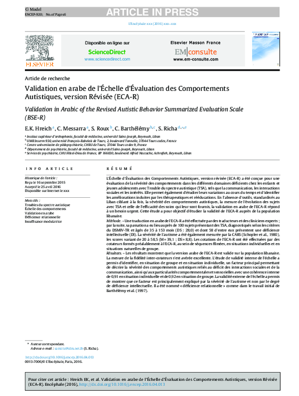 (PDF) Validation en arabe de l’Échelle d’Évaluation des Comportements Autistiques, version ...