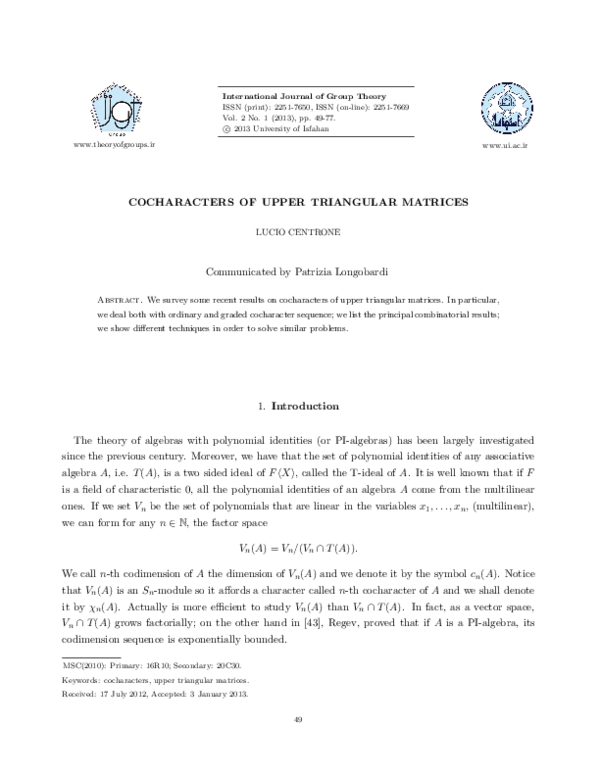 (PDF) Cocharacters of upper triangular matrices