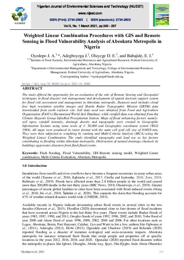 (PDF) Weighted Linear Combination Procedures with GIS and Remote Sensing in Flood Vulnerability ...