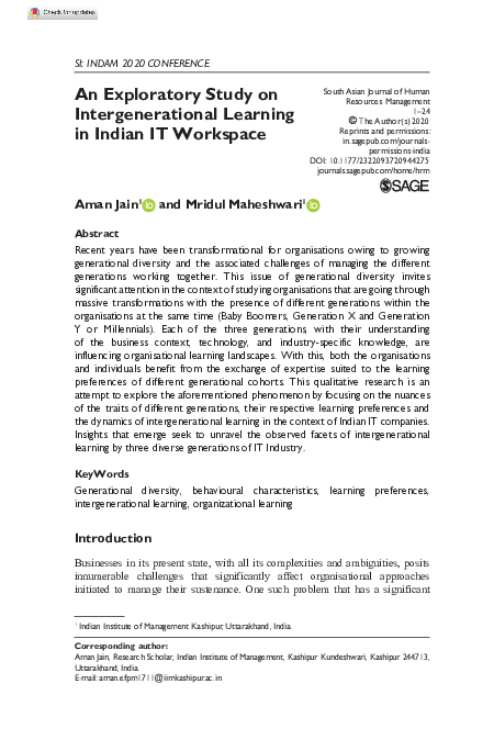(PDF) An Exploratory Study on Intergenerational Learning in Indian IT Workspace