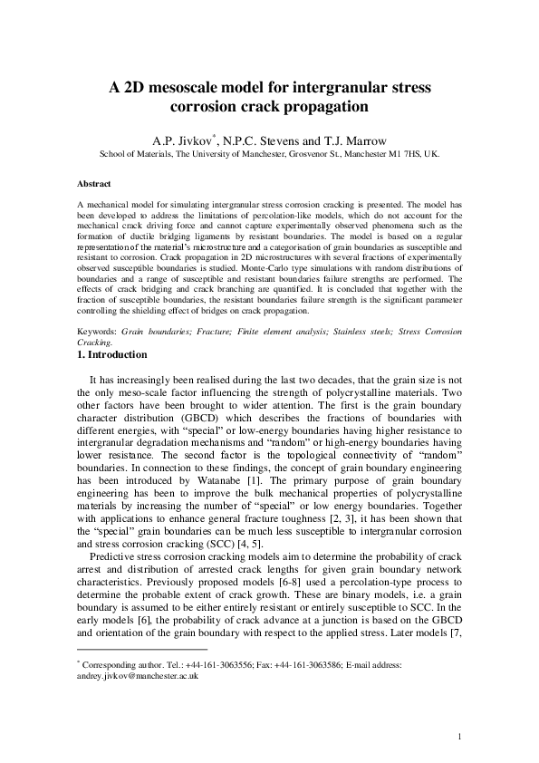 (PDF) A 2 D mesoscale model for intergranular stress corrosion crack propagation