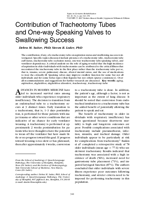 (PDF) Contribution of Tracheotomy Tubes and One-way Speaking Valves to ...