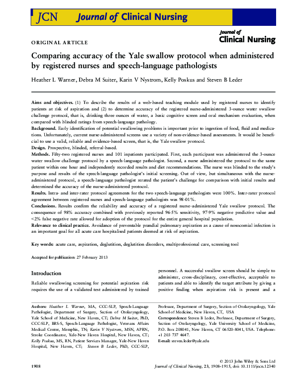 (PDF) Comparing accuracy of the Yale swallow protocol when administered ...
