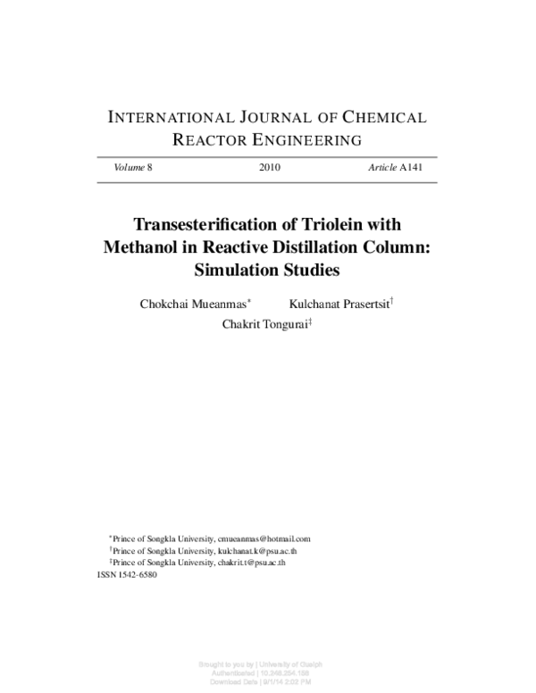 (PDF) Transesterification of Triolein with Methanol in Reactive Distillation Column: Simulation ...