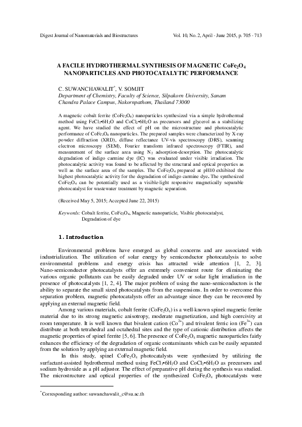(PDF) A FACILE HYDROTHERMAL SYNTHESIS OF MAGNETIC CoFe2O4 NANOPARTICLES AND PHOTOCATALYTIC ...