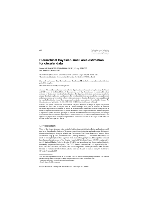 (PDF) Hierarchical Bayesian small area estimation for circular data