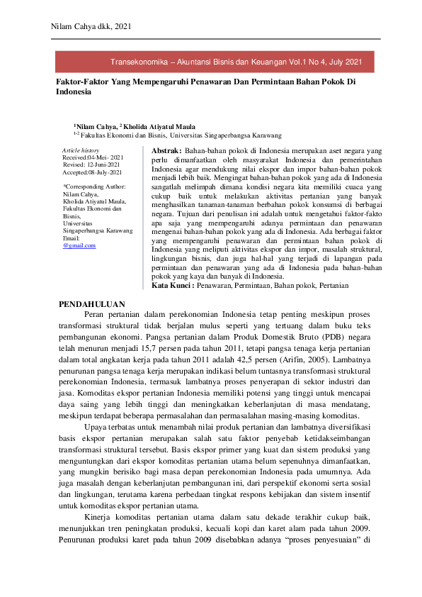 (PDF) Faktor-Faktor Yang Mempengaruhi Penawaran Dan Permintaan Bahan Pokok Di Indonesia