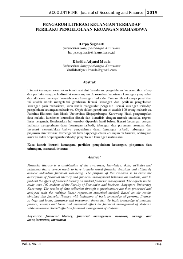 (PDF) Pengaruh Literasi Keuangan Terhadap Perilaku Pengelolaan Keuangan Mahasiswa