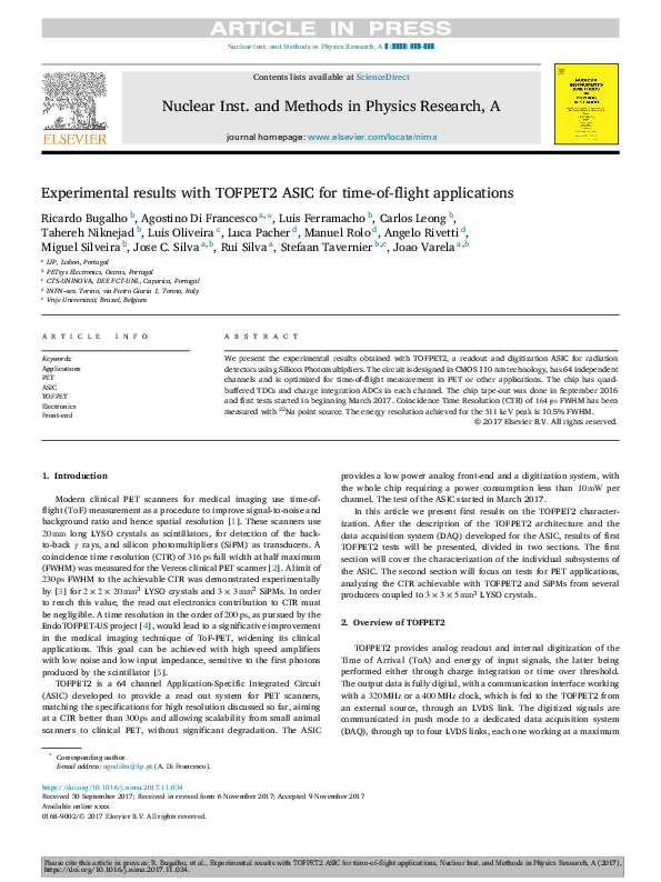 (PDF) Experimental results with TOFPET2 ASIC for time-of-flight applications