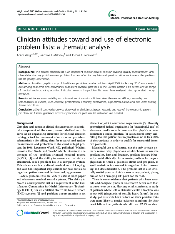 (PDF) Clinician attitudes toward and use of electronic problem lists: a ...