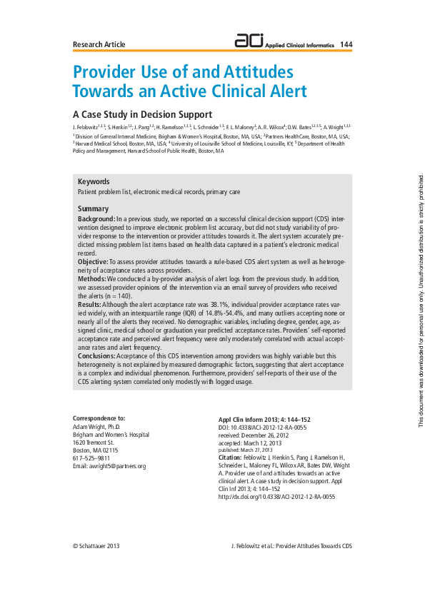 (PDF) Provider use of and attitudes towards an active clinical alert: a ...