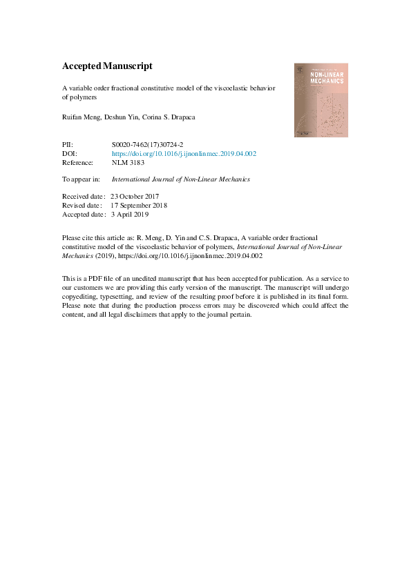 Pdf A Variable Order Fractional Constitutive Model Of The