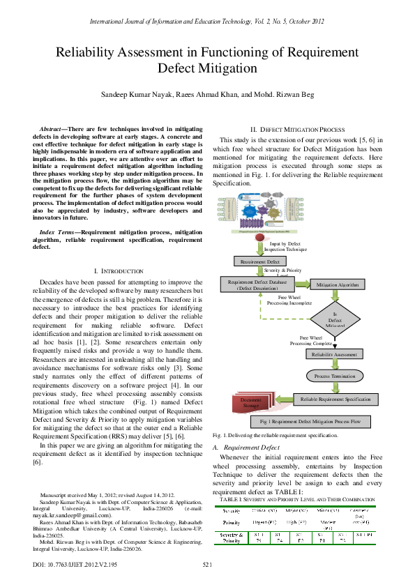 (PDF) Reliability Assessment in Functioning of Requirement Defect Mitigation | Mohd Soyeb Beg ...
