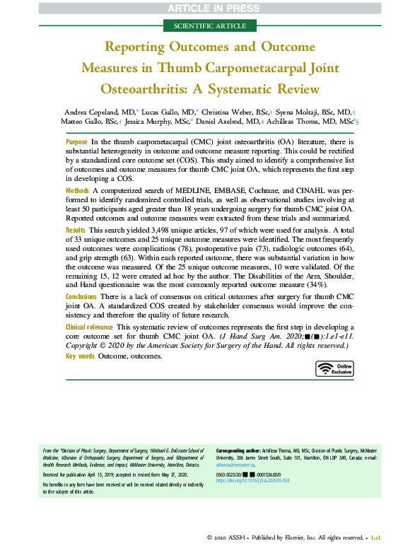 (PDF) Reporting Outcomes and Outcome Measures in Thumb Carpometacarpal ...
