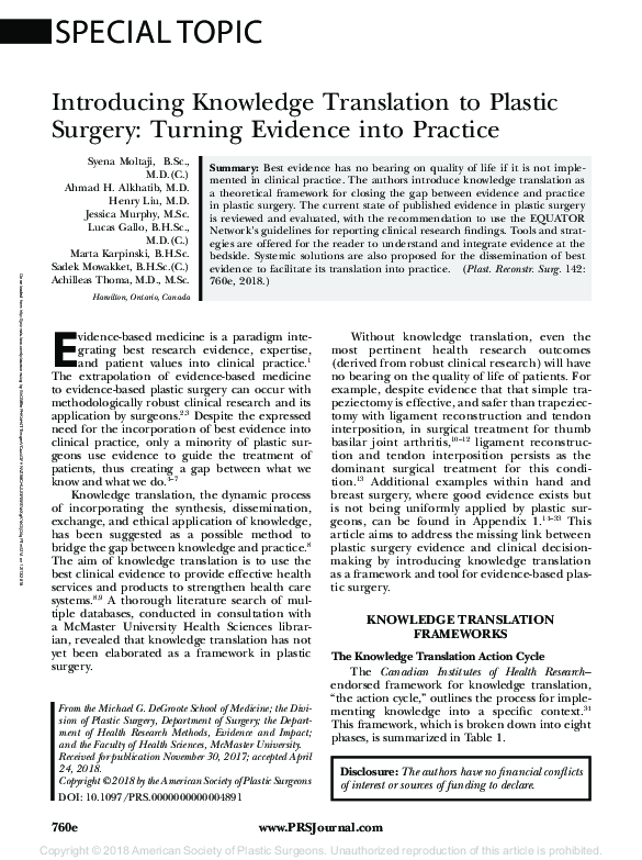 (PDF) Introducing Knowledge Translation to Plastic Surgery: Turning Evidence into Practice