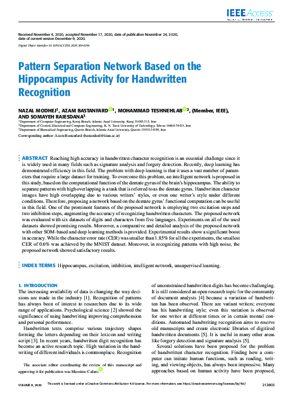 (PDF) Pattern Separation Network Based on the Hippocampus Activity for Handwritten Recognition