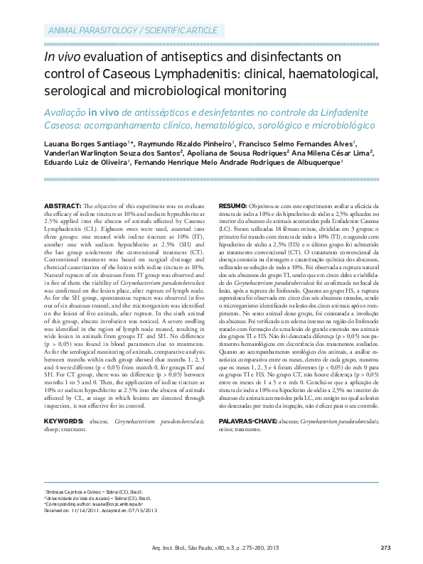(PDF) In vivo evaluation of antiseptics and disinfectants on control of ...