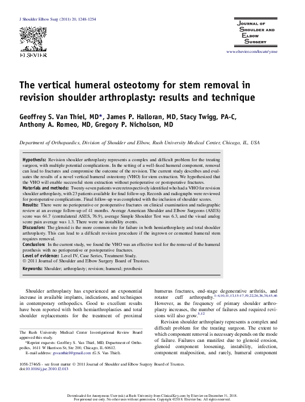 (PDF) The vertical humeral osteotomy for stem removal in revision ...