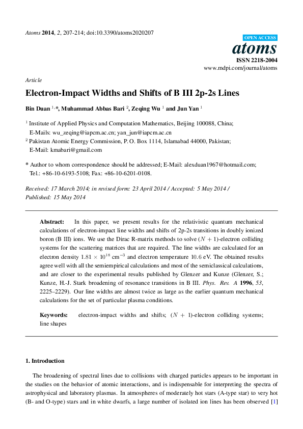 (PDF) Article Electron-Impact Widths and Shifts of B III 2p-2s Lines