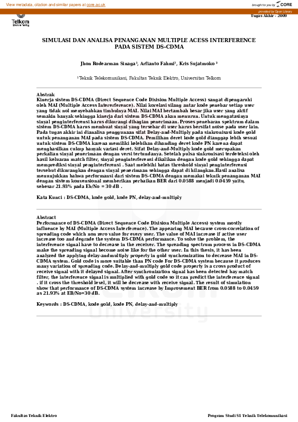(PDF) Simulasi Dan Analisa Penanganan Multiple Acess Interference Pada Sistem DS-Cdma