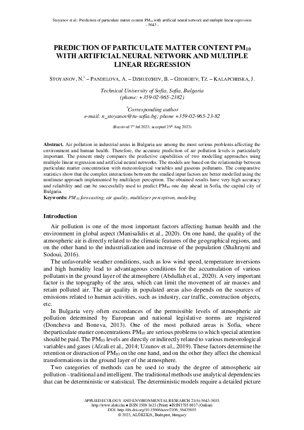 (PDF) PREDICTION OF PARTICULATE MATTER CONTENT PM10 WITH ARTIFICIAL NEURAL NETWORK AND MULTIPLE ...