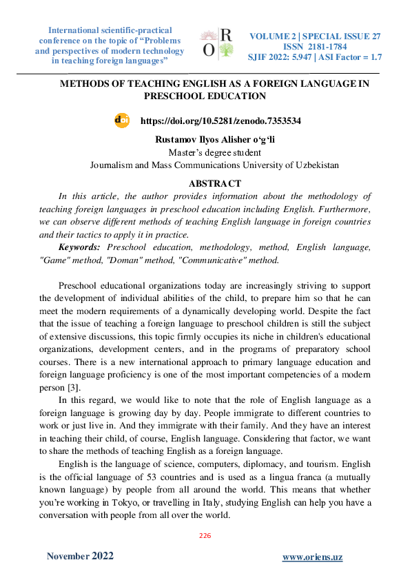 (PDF) Methods of Teaching English as a Foreign Language in Preschool ...