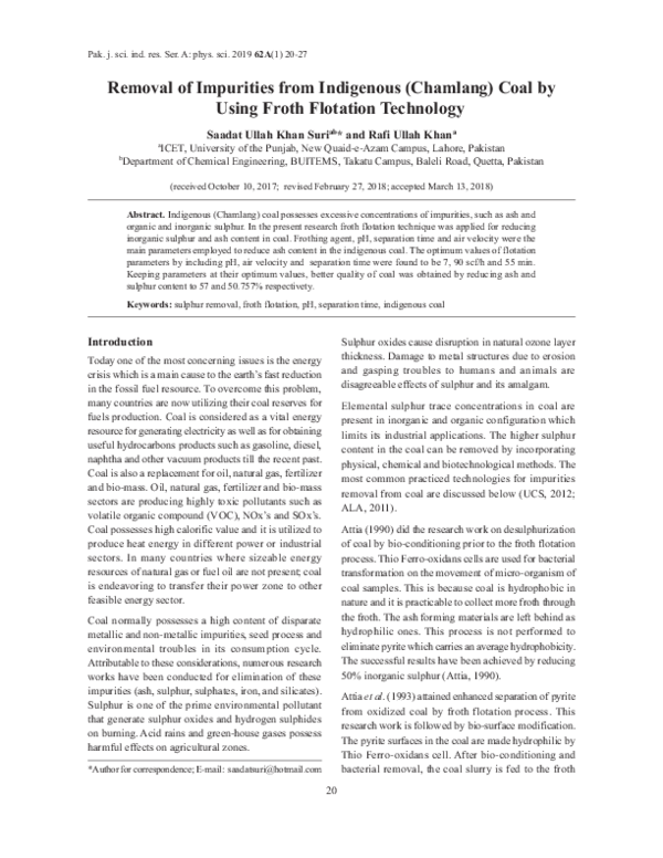 (PDF) Removal of Impurities from Indigenous (Chamlang) Coal by Using Froth Flotation Technology