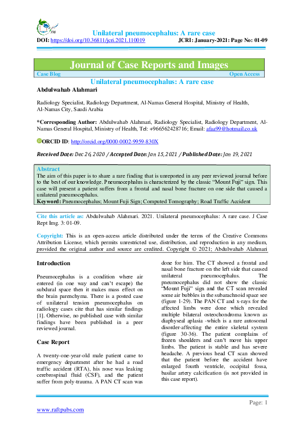 (PDF) Unilateral pneumocephalus: A rare case
