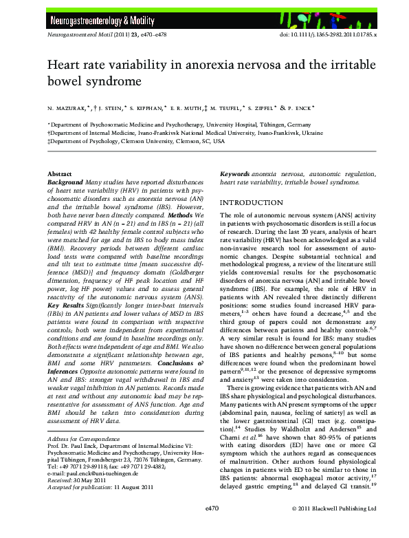 (PDF) Heart rate variability in anorexia nervosa and the irritable ...